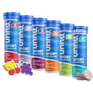 nuun sport electrolyte tablets for proactive hydration, variety pack, 6 pack (60 servings)