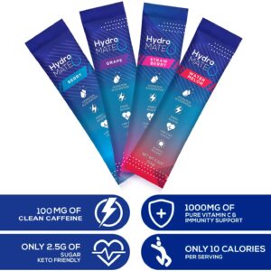 HydroMATE Electrolytes Powder Drink Mix Packets Hydration Accelerator Low Sugar Rapid Party Relief Recovery Vitamin C Plus Caffeine Variety Pack 30 Count