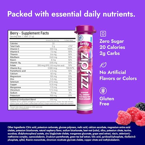 Zipfizz Energy Drink Mix, Electrolyte Hydration Powder with B12 and Multi Vitamin, Berry (20 Count)