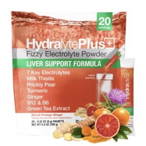 hydralyte liver support + electrolyte mix with milk thistle, turmeric, ginger, prickly pear, green tea extract formulated for rapid rehydration and liver detox for mornings after, 20 count pouch