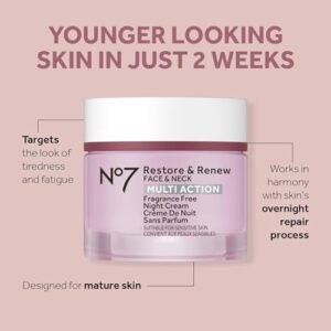 No7 Restore & Renew Multi Action Face & Neck Night Cream - Collagen Peptide Anti-Aging Face Cream - Hydrating Hyaluronic Acid + Skin Firming Fragrance-Free (50ml)