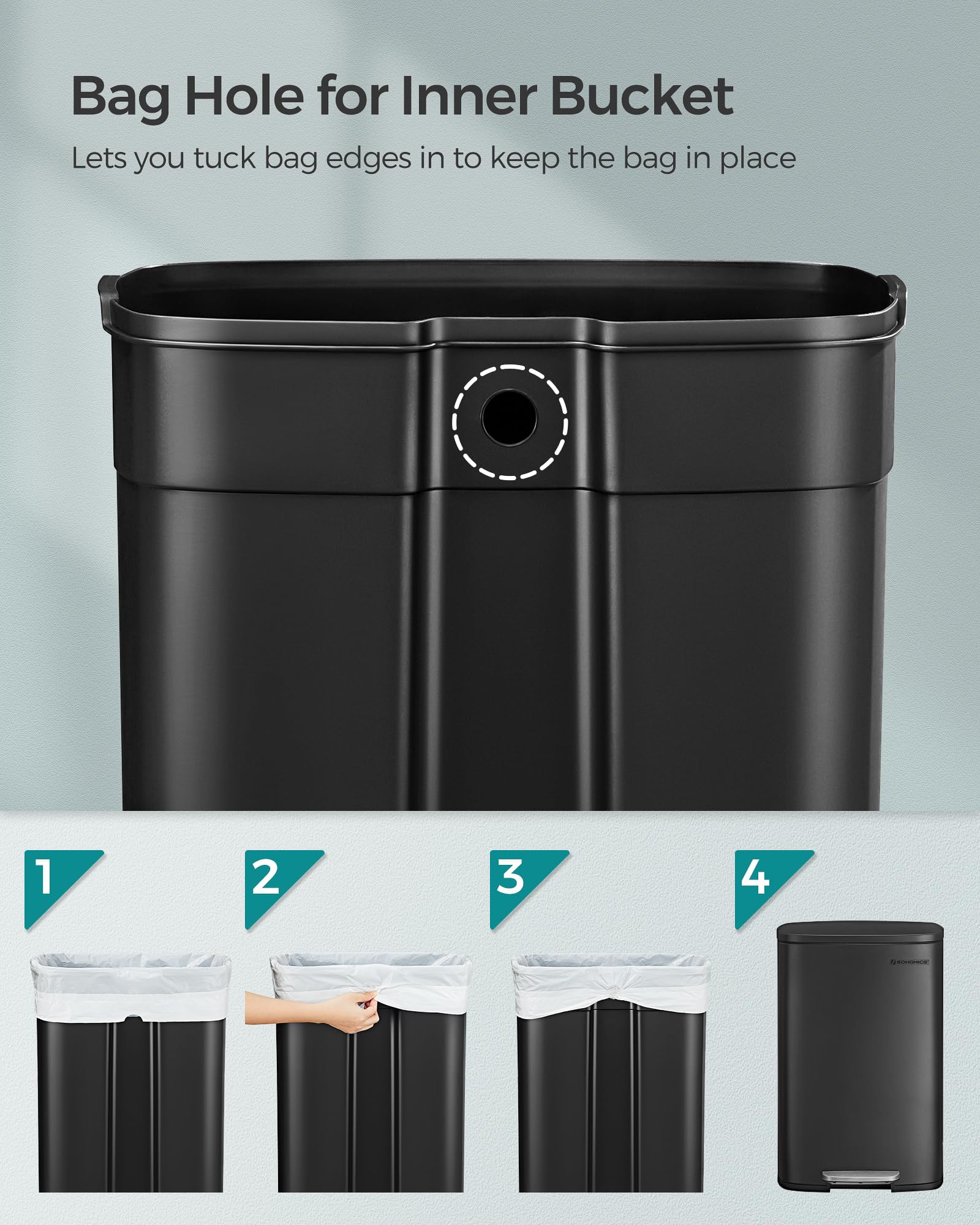 SONGMICS 13 Gallon Trash Can, Stainless Steel Kitchen Garbage Can, Recycling or Waste Bin, Soft Close, Step-On Pedal, Removable Inner Bucket, Black ULTB050B01