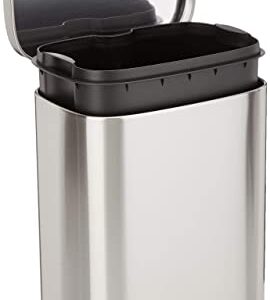 Amazon Basics Smudge Resistant Small Rectangular Trash Can With Soft-Close Foot Pedal, for Bathroom/ Living room, Brushed Stainless Steel,12 Liter/3.1 Gal, Satin Nickel Finish,11.3"L x 9.9"W x 15.1"H