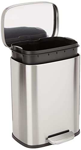 Amazon Basics Smudge Resistant Small Rectangular Trash Can With Soft-Close Foot Pedal, for Bathroom/ Living room, Brushed Stainless Steel,12 Liter/3.1 Gal, Satin Nickel Finish,11.3"L x 9.9"W x 15.1"H