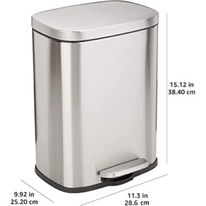 Amazon Basics Smudge Resistant Small Rectangular Trash Can With Soft-Close Foot Pedal, for Bathroom/ Living room, Brushed Stainless Steel,12 Liter/3.1 Gal, Satin Nickel Finish,11.3"L x 9.9"W x 15.1"H