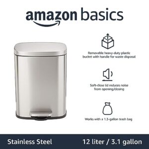 Amazon Basics Smudge Resistant Small Rectangular Trash Can With Soft-Close Foot Pedal, for Bathroom/ Living room, Brushed Stainless Steel,12 Liter/3.1 Gal, Satin Nickel Finish,11.3"L x 9.9"W x 15.1"H