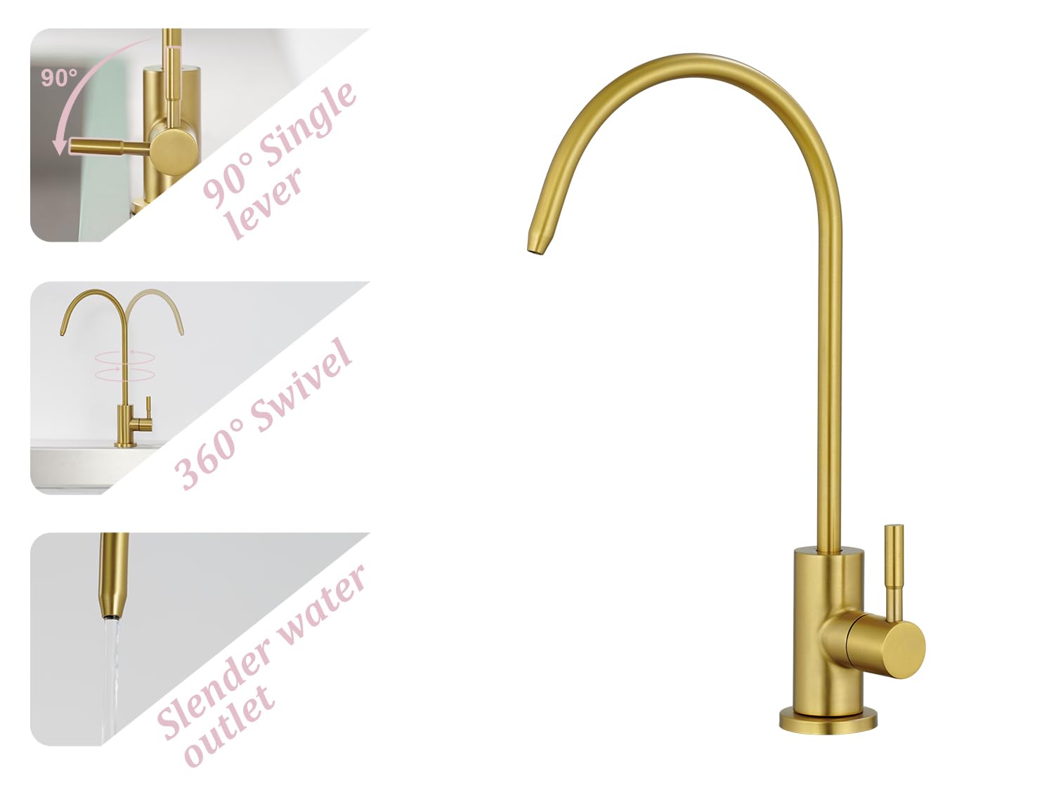 Tohlar Drinking Water Faucet for Kitchen Sink, Gold Filtered Water Faucet Lead-Free Reverse Osmosis Faucet Water Filtration System 304 Stainless Steel, Brushed Gold Finish