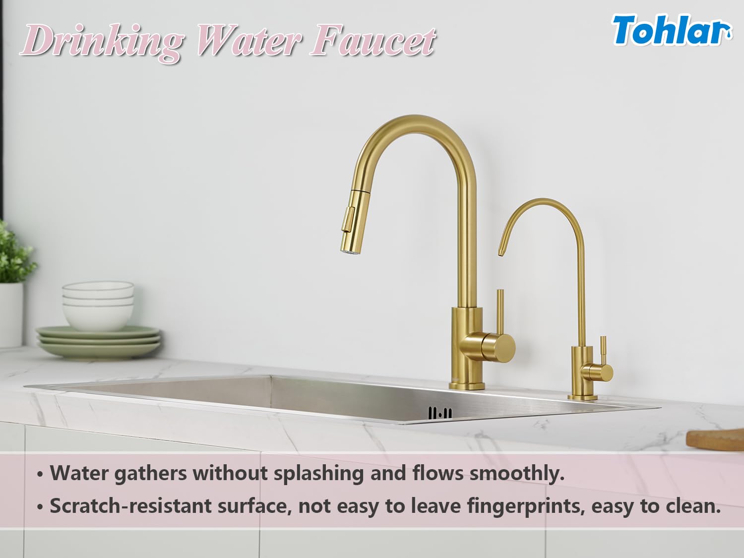 Tohlar Drinking Water Faucet for Kitchen Sink, Gold Filtered Water Faucet Lead-Free Reverse Osmosis Faucet Water Filtration System 304 Stainless Steel, Brushed Gold Finish