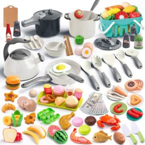 funpynani 130pcs kitchen playset, toddler pretend cooking play pots, pans, utensils cookware, daily food fruit veges, shopping storage basket, dessert, prop money, learning gift for child （white）