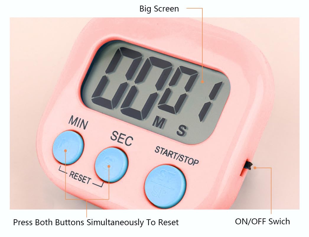 Mithrim Multi-Functional Timer Magnetic Backing, Large Screen Count & Countdown Digital Electronic Timer, Used for kitchen, Study, Sports (Pink)