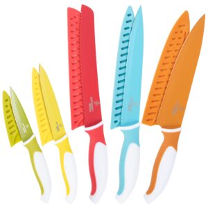 kitchpop 10 pcs stainless steel knife set, razor sharp colorful knife set with covers, durable chef knife set, lightweight kitchen knife set | knives set | camping | christmas gift