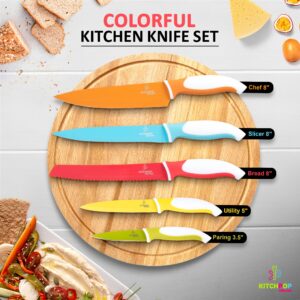 Kitchpop 10 Pcs Stainless Steel Knife Set, Razor Sharp Colorful Knife Set with Covers, Durable Chef Knife Set, Lightweight Kitchen Knife Set | knives set | camping | christmas gift