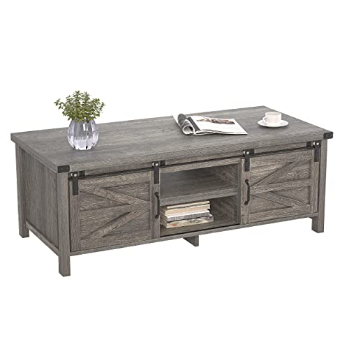 St.Mandyu Farmhouse Coffee Table with Hidden Compartment and Storage Cabinets Shelves, Wood Rectangular Tables with Sliding Barn Doors for Living Room Reception (Dark Grey)