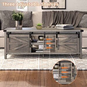 St.Mandyu Farmhouse Coffee Table with Hidden Compartment and Storage Cabinets Shelves, Wood Rectangular Tables with Sliding Barn Doors for Living Room Reception (Dark Grey)