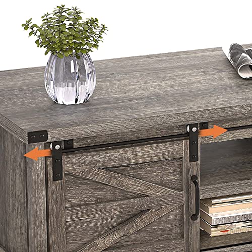 St.Mandyu Farmhouse Coffee Table with Hidden Compartment and Storage Cabinets Shelves, Wood Rectangular Tables with Sliding Barn Doors for Living Room Reception (Dark Grey)