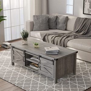 St.Mandyu Farmhouse Coffee Table with Hidden Compartment and Storage Cabinets Shelves, Wood Rectangular Tables with Sliding Barn Doors for Living Room Reception (Dark Grey)