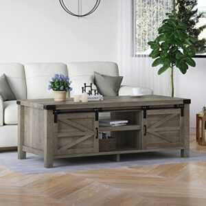 St.Mandyu Farmhouse Coffee Table with Hidden Compartment and Storage Cabinets Shelves, Wood Rectangular Tables with Sliding Barn Doors for Living Room Reception (Dark Grey)