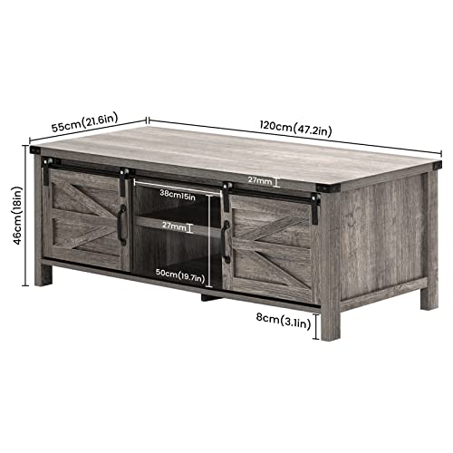 St.Mandyu Farmhouse Coffee Table with Hidden Compartment and Storage Cabinets Shelves, Wood Rectangular Tables with Sliding Barn Doors for Living Room Reception (Dark Grey)