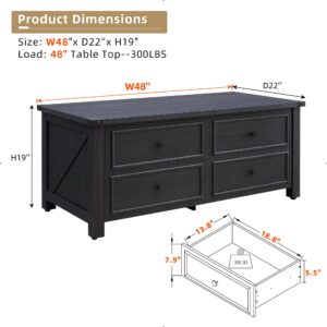 JXQTLINGMU 48” Farmhouse Coffee Table with 4 Large Storage Drawers, Modern Center Table with Barn Door for Living Room, Office, Rustic Rectangle Cocktail Table（Black）