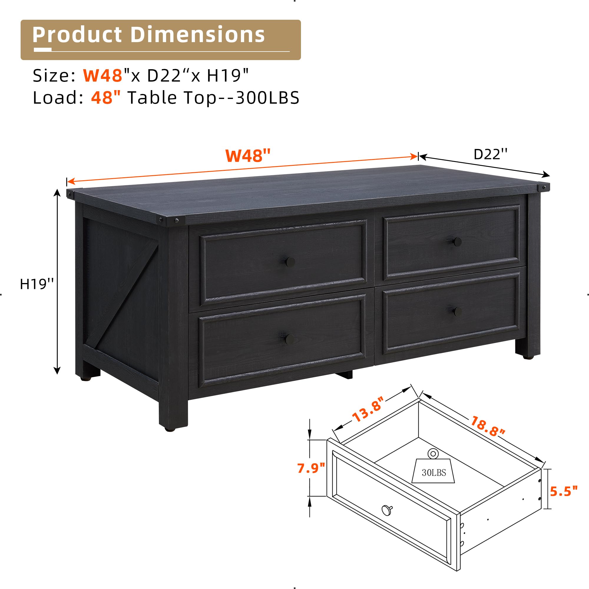 JXQTLINGMU 48” Farmhouse Coffee Table with 4 Large Storage Drawers, Modern Center Table with Barn Door for Living Room, Office, Rustic Rectangle Cocktail Table（Black）