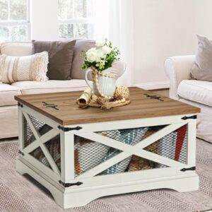 hokyhoky square coffee table with storage, 31.5" farmhouse wood center table with hinged lift top, industrial coffee table rustic rectangle cocktail table for living room (distressed white)