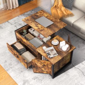 FABATO 41.7" Lift Top Coffee Table with Storage Drawer& Hidden Compartment Barn Door Cabinet Center Table Coffee Table for Living Room Farmhouse Industrial Wood (Rustic Brown2)