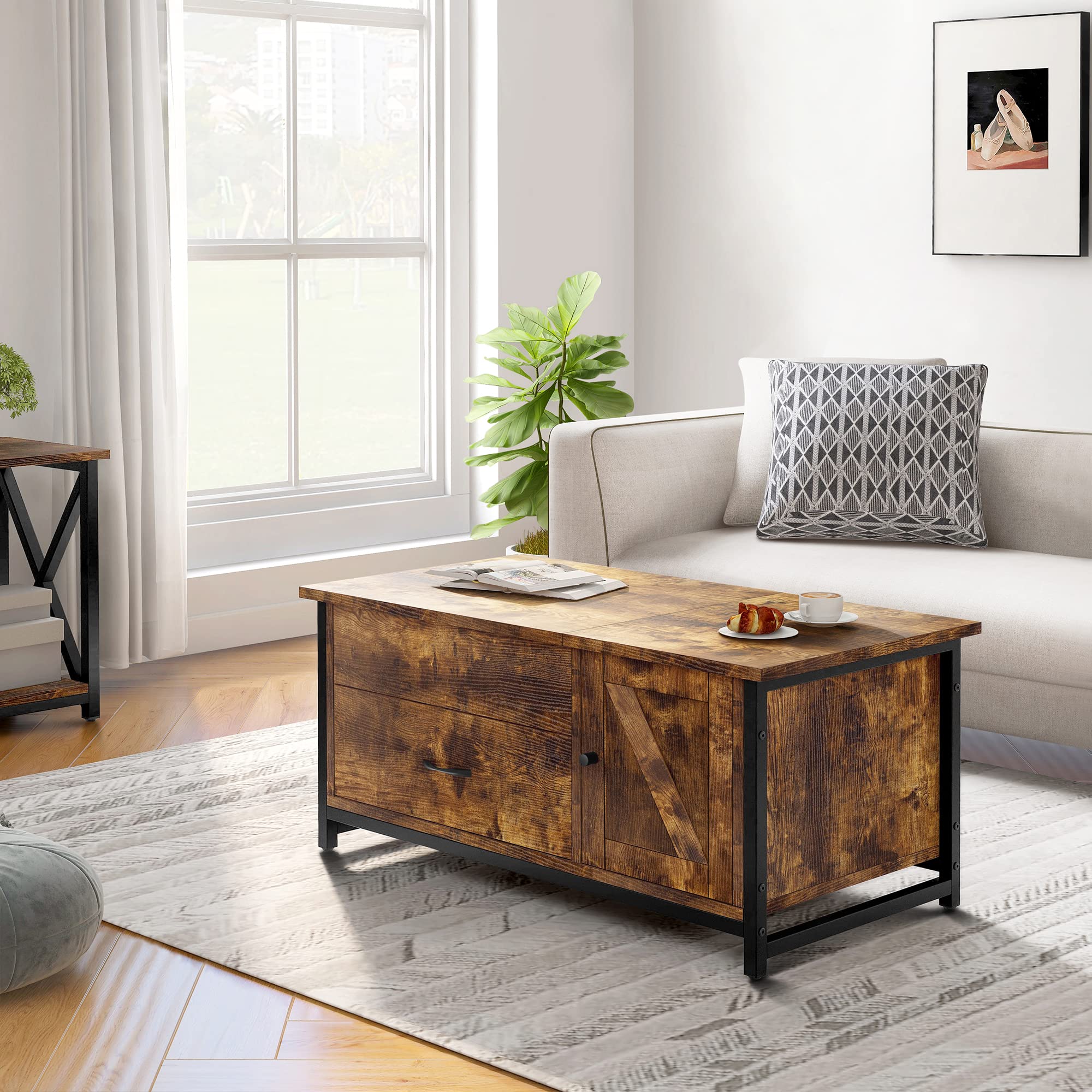 FABATO 41.7" Lift Top Coffee Table with Storage Drawer& Hidden Compartment Barn Door Cabinet Center Table Coffee Table for Living Room Farmhouse Industrial Wood (Rustic Brown2)