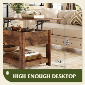 WLIVE Coffee Table, 39" Lift Top Coffee Table with Hidden Compartment and Storage Shelf for Living Room, Rustic Brown