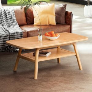 Vadisun 2-Tier Coffee Table with Storage Shelf, Natural Color 100% Solid Wood Table for Living Room, Elegant Furniture for Small Apartment (Natural, 39.37“ x 19.69” x 17.32“)