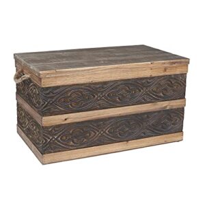 household essentials decorative trunk, embossed metal, large, chinese fir wood, darkened interior, rope handles, flat and fully opening lid, handmade, walnut and almond stain