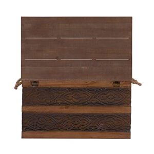 Household Essentials Decorative Trunk, Embossed Metal, Large, Chinese Fir Wood, Darkened Interior, Rope Handles, Flat and Fully Opening Lid, Handmade, Walnut and Almond Stain