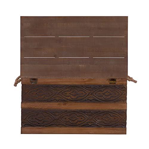 Household Essentials Decorative Trunk, Embossed Metal, Large, Chinese Fir Wood, Darkened Interior, Rope Handles, Flat and Fully Opening Lid, Handmade, Walnut and Almond Stain