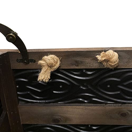 Household Essentials Decorative Trunk, Embossed Metal, Large, Chinese Fir Wood, Darkened Interior, Rope Handles, Flat and Fully Opening Lid, Handmade, Walnut and Almond Stain