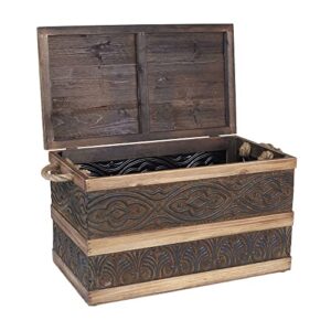 Household Essentials Decorative Trunk, Embossed Metal, Large, Chinese Fir Wood, Darkened Interior, Rope Handles, Flat and Fully Opening Lid, Handmade, Walnut and Almond Stain