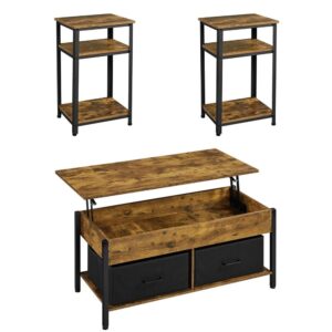 yaheetech living room 3-piece coffee table sets for home and office, lift top coffee table with baskets & hidden compartment, 2pcs rustic industrial end tables with 2-tier shelves, rustic brown