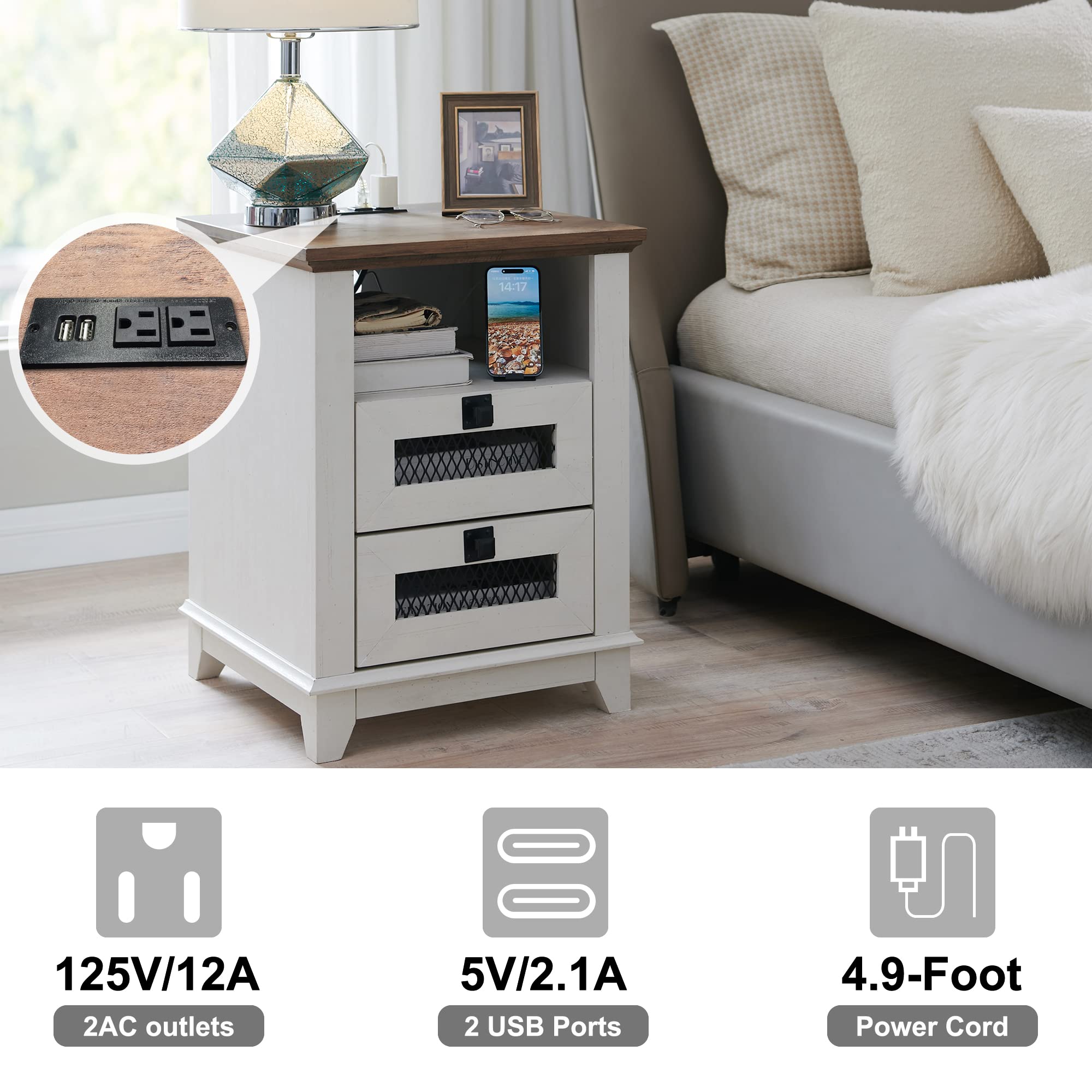 Nightstand with Charging Station,OKD 18'' Industrial & Farmhouse Square End Table w/ 2 Drawers & Open Cubby, Rustic Mesh Drawer Sofa Side Table w/Storage for Bedroom, Living Room Office, Antique White