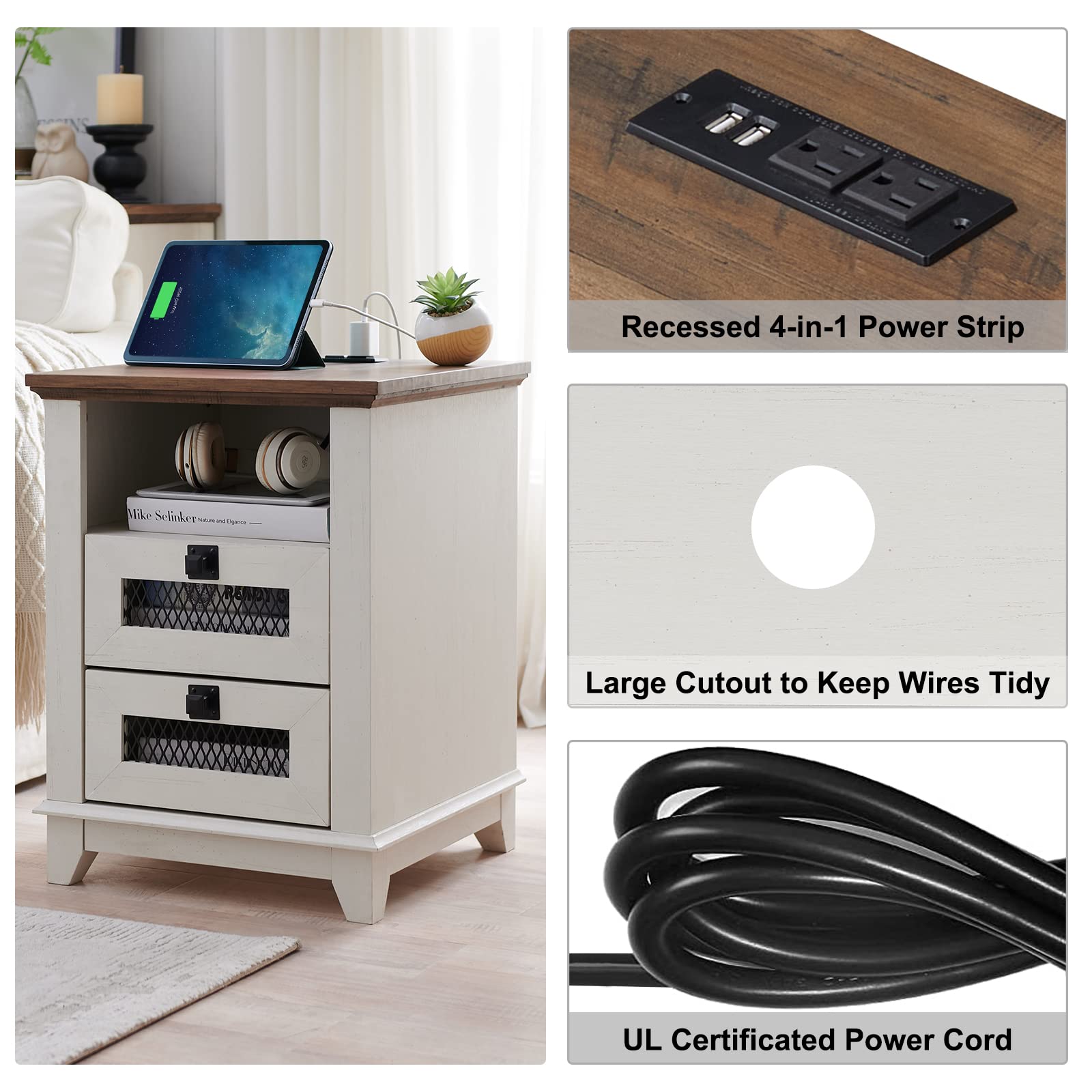 Nightstand with Charging Station,OKD 18'' Industrial & Farmhouse Square End Table w/ 2 Drawers & Open Cubby, Rustic Mesh Drawer Sofa Side Table w/Storage for Bedroom, Living Room Office, Antique White