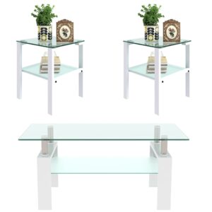 pouleii living room table set,3 piece glass coffee table and end tables set for living room,coffee table set with tempered glass tabletop and metal frame for apartment, small space,white