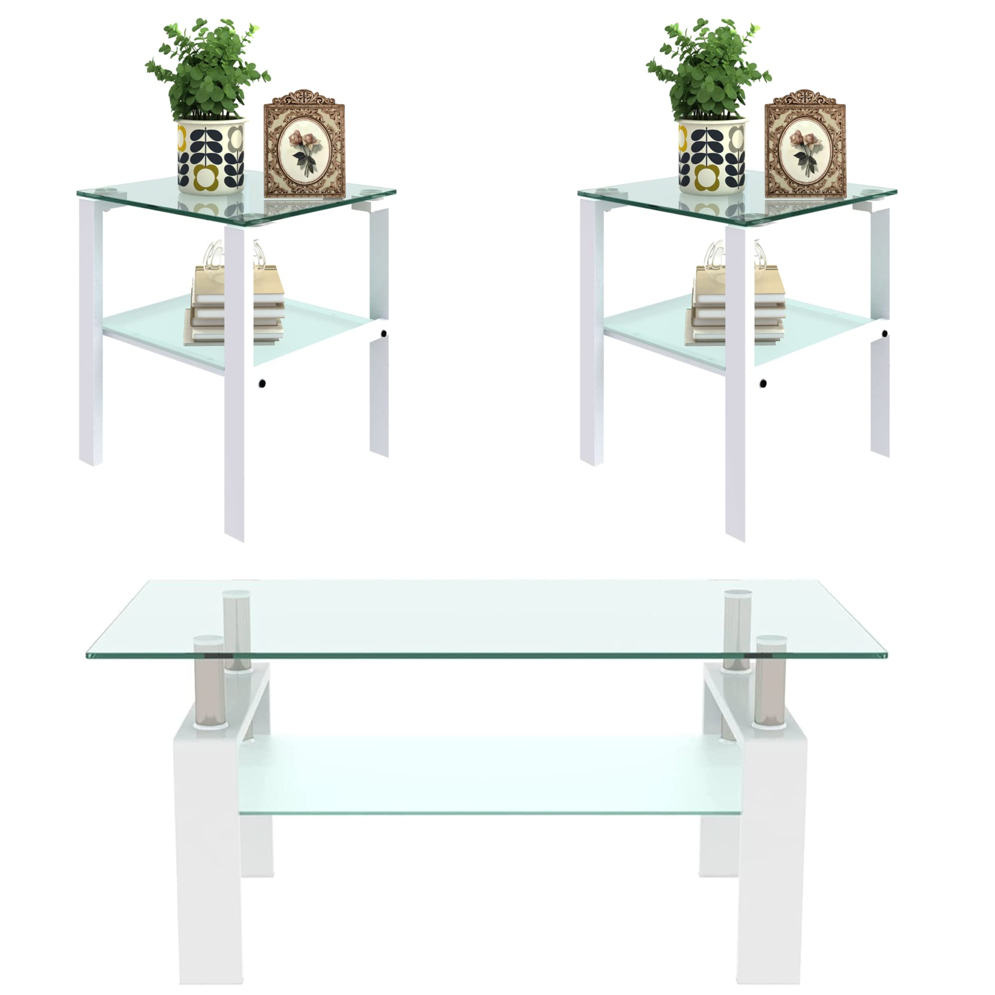 POULEII Living Room Table Set,3 Piece Glass Coffee Table and End Tables Set for Living Room,Coffee Table Set with Tempered Glass Tabletop and Metal Frame for Apartment, Small Space,White