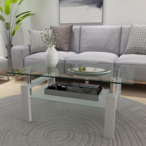 POULEII Living Room Table Set,3 Piece Glass Coffee Table and End Tables Set for Living Room,Coffee Table Set with Tempered Glass Tabletop and Metal Frame for Apartment, Small Space,White