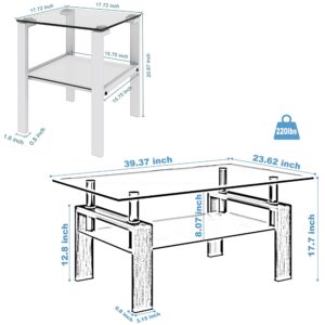 POULEII Living Room Table Set,3 Piece Glass Coffee Table and End Tables Set for Living Room,Coffee Table Set with Tempered Glass Tabletop and Metal Frame for Apartment, Small Space,White