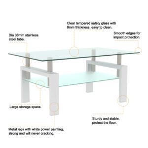 POULEII Living Room Table Set,3 Piece Glass Coffee Table and End Tables Set for Living Room,Coffee Table Set with Tempered Glass Tabletop and Metal Frame for Apartment, Small Space,White