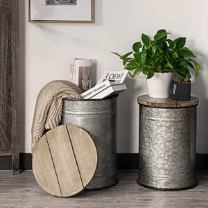 oneinmil rustic end table with storage bins farmhouse furniture galvanized metal stool ottoman seat with round wood lid set of 2