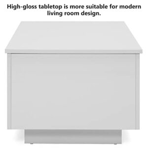 High Gloss Lift Top Table with Led Lights, Led Coffee Table with Storage Shelf and Hidden Compartment for Home Living Room Reception Room Office, White