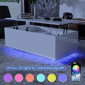 High Gloss Lift Top Table with Led Lights, Led Coffee Table with Storage Shelf and Hidden Compartment for Home Living Room Reception Room Office, White