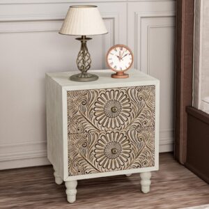 hompus nightstand, rustic end table with 2 pattern carved drawers, vintage night stand with 4 wood legs, small dresser for bedroom, living room, light grey grain