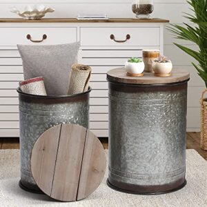 Rustic Storage Ottoman Seat Stool, Farmhouse Accent Side Table, Antique Galvanized Metal End Table Box Bin with Round Wooden Lid Set of 2 (Stand Galvanized)