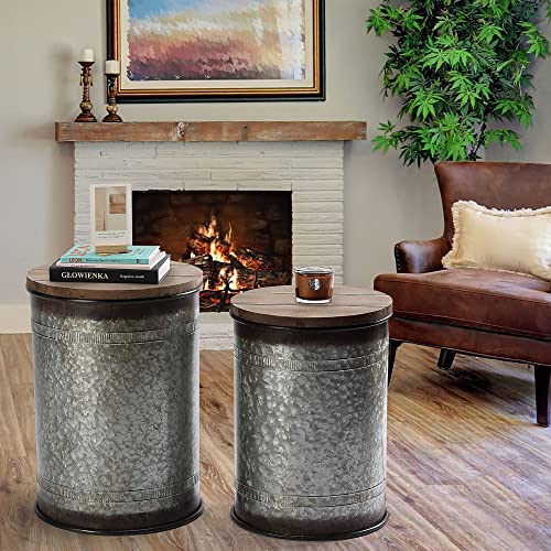 Rustic Storage Ottoman Seat Stool, Farmhouse Accent Side Table, Antique Galvanized Metal End Table Box Bin with Round Wooden Lid Set of 2 (Stand Galvanized)