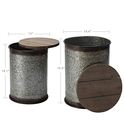 Rustic Storage Ottoman Seat Stool, Farmhouse Accent Side Table, Antique Galvanized Metal End Table Box Bin with Round Wooden Lid Set of 2 (Stand Galvanized)