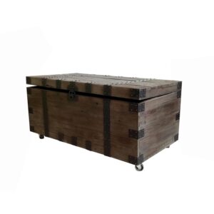 benjara 44 inch trunk accent coffee table with storage, reclaimed wood brown, black